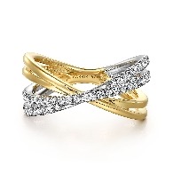 14K Yellow and White Gold Gabriel 4Row Crossover X Ring w/Diams=.26ctw ...